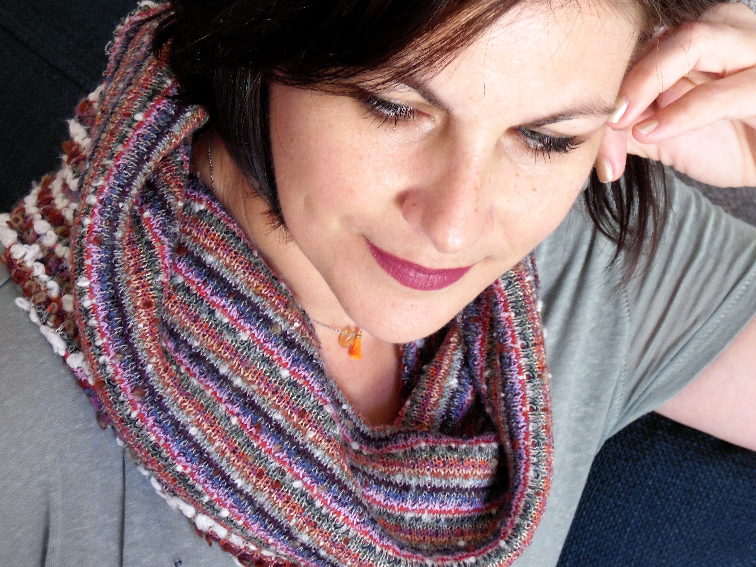 Woman multicolored scarf, wool knitted snood, collar. Woman gift idea ...