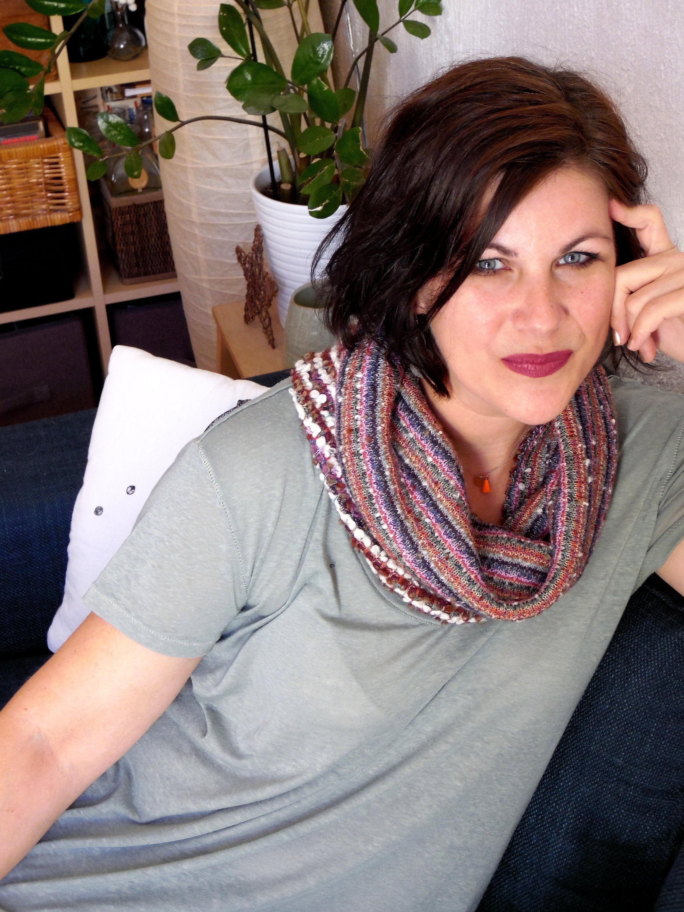 Woman multicolored scarf, wool knitted snood, collar. Woman gift idea ...