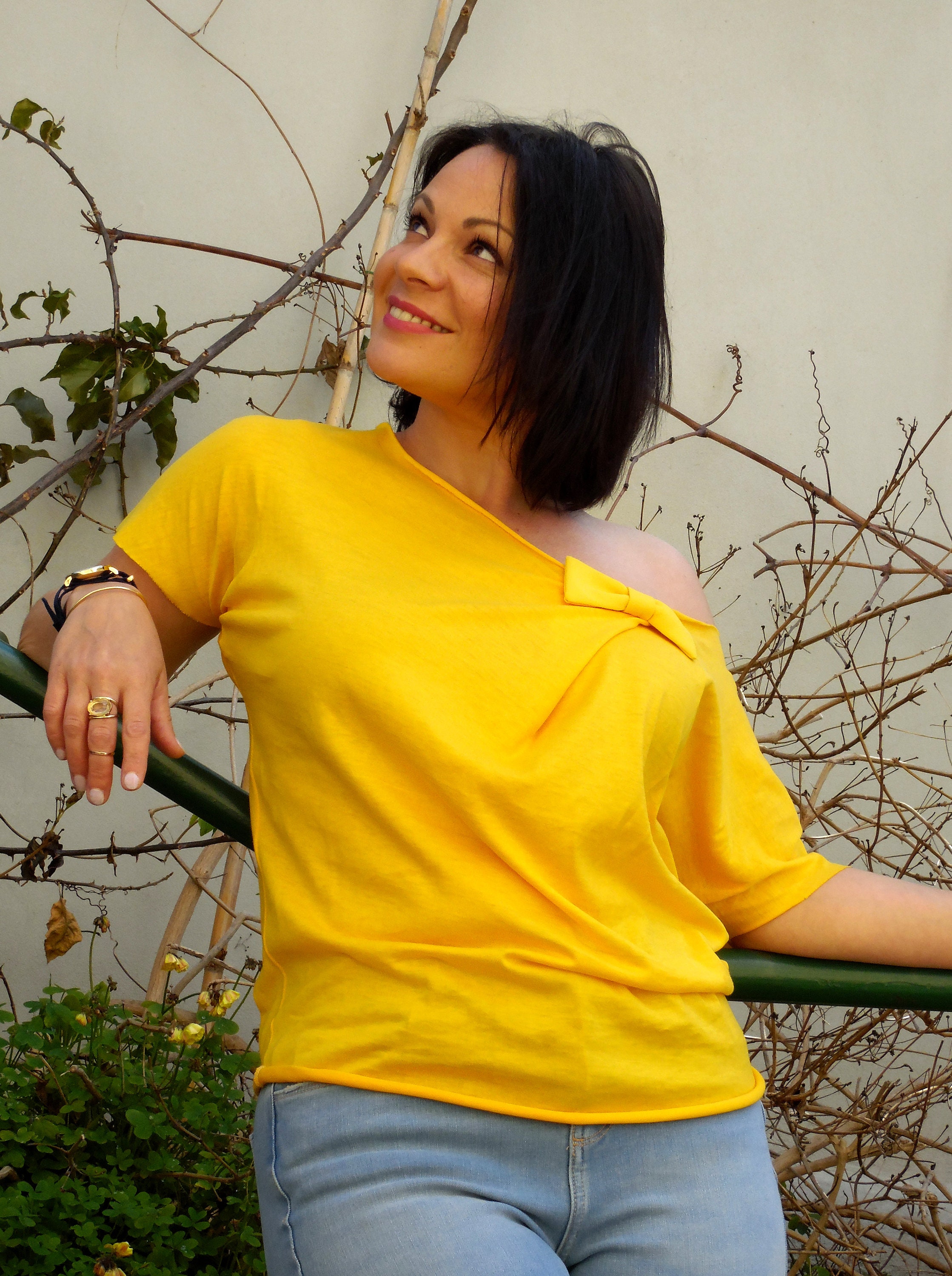 T-shirt woman yellow top was woman cotton, short sleeves, yellow mimosa ...