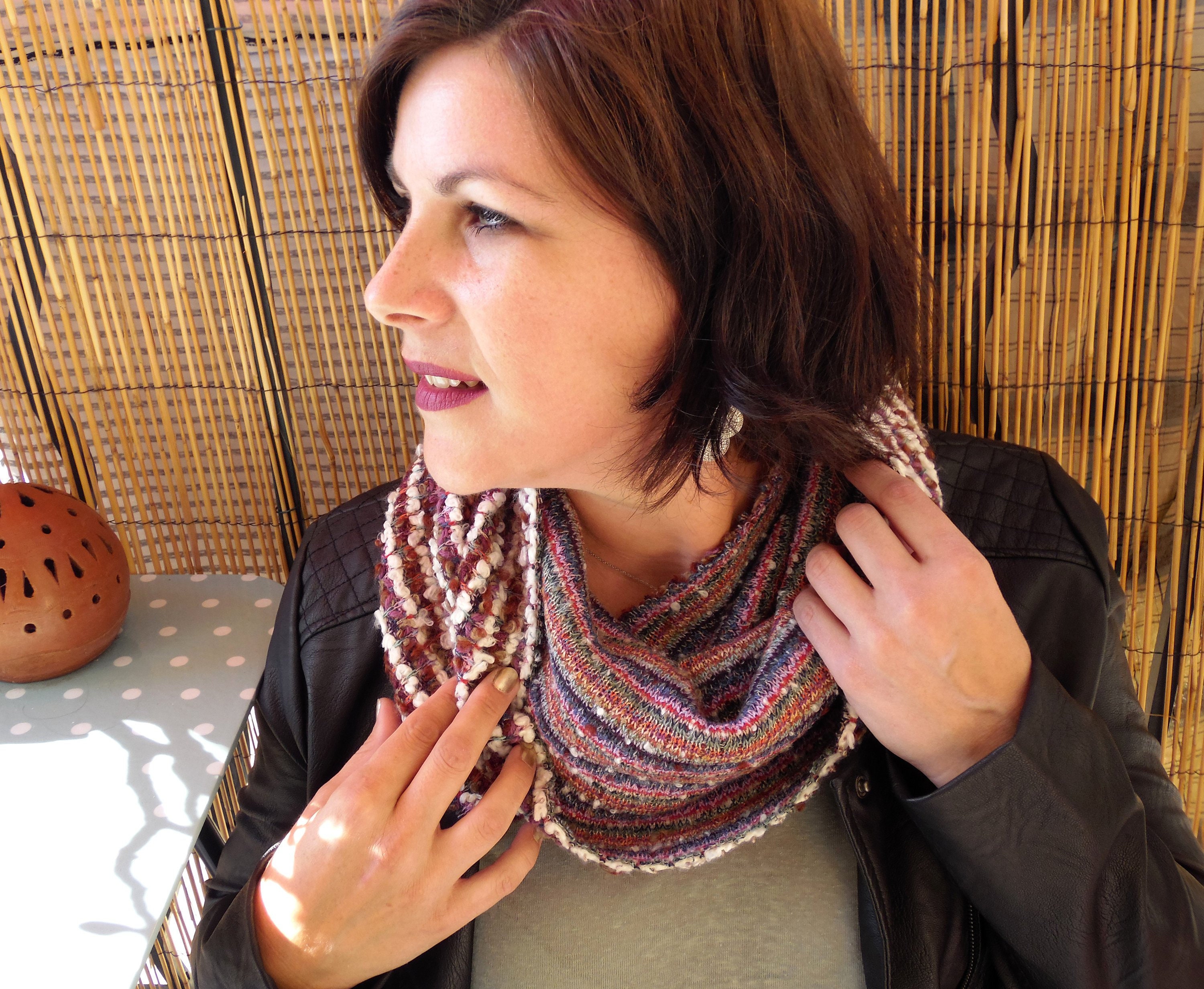 Woman multicolored scarf, wool knitted snood, collar. Woman gift idea ...