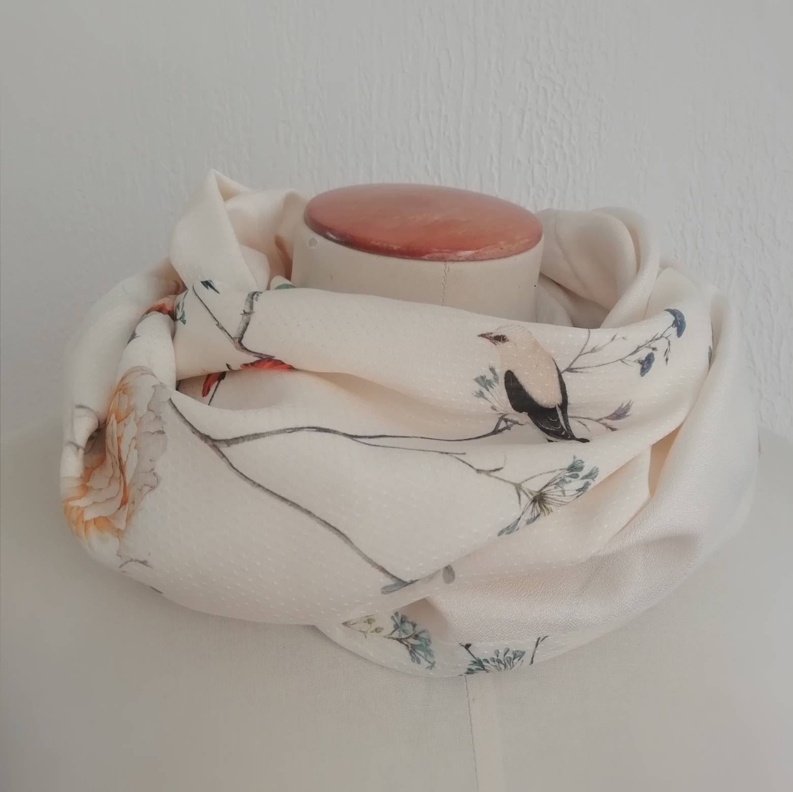 cream-coloured women's snood scarf with Japanese floral print