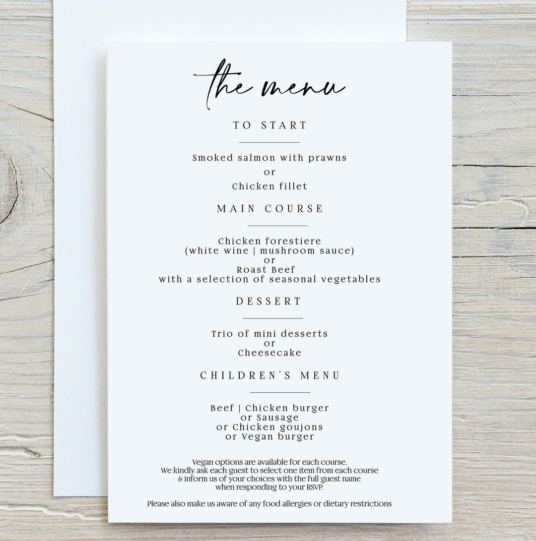Wedding Menu Cards, Personalised, Simple, Wedding Dinner Menu, Minimal ...