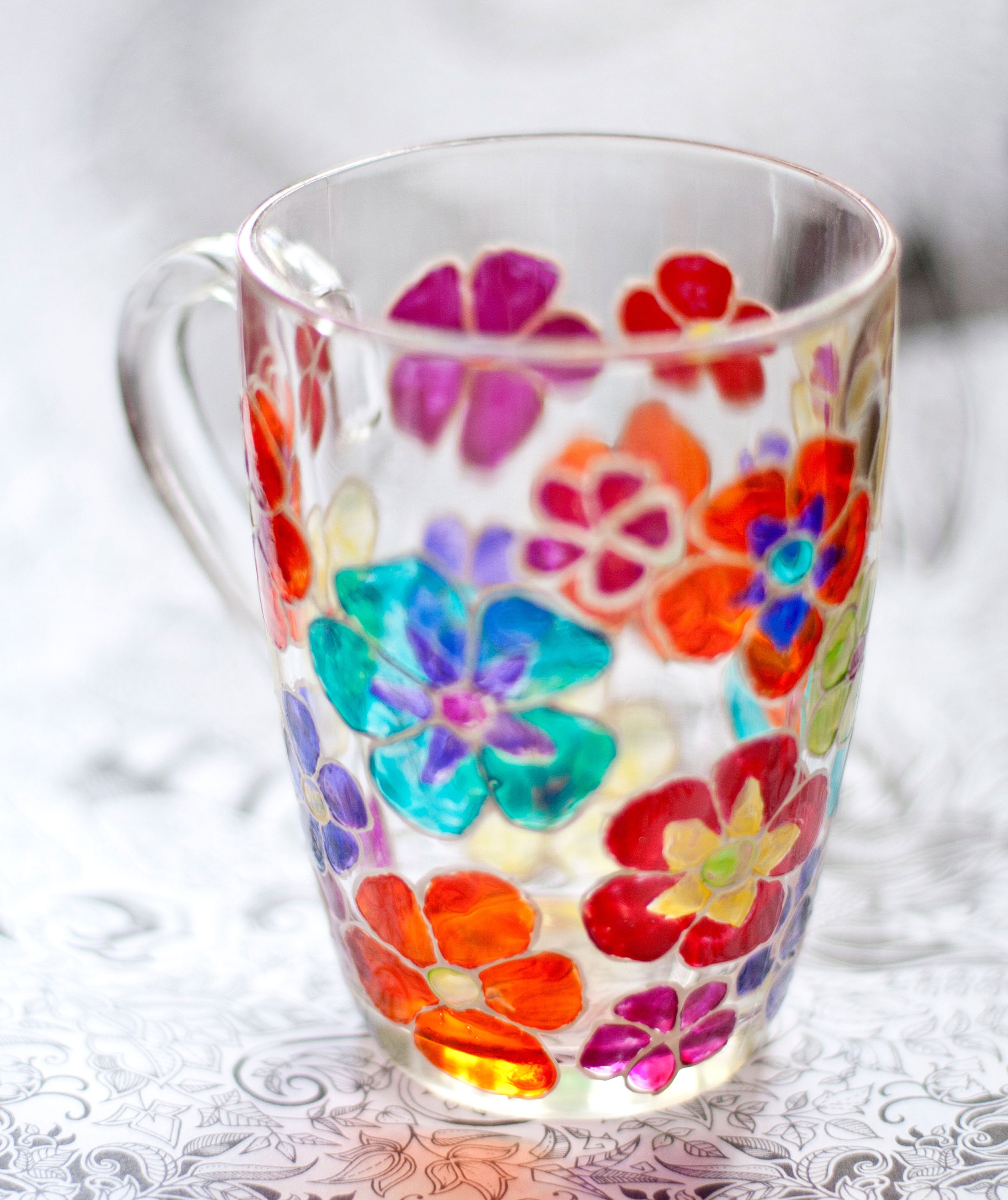 Hand Painted Multicolor Rainbow Flowers Floral Coffee Tea Mug Mothers ...