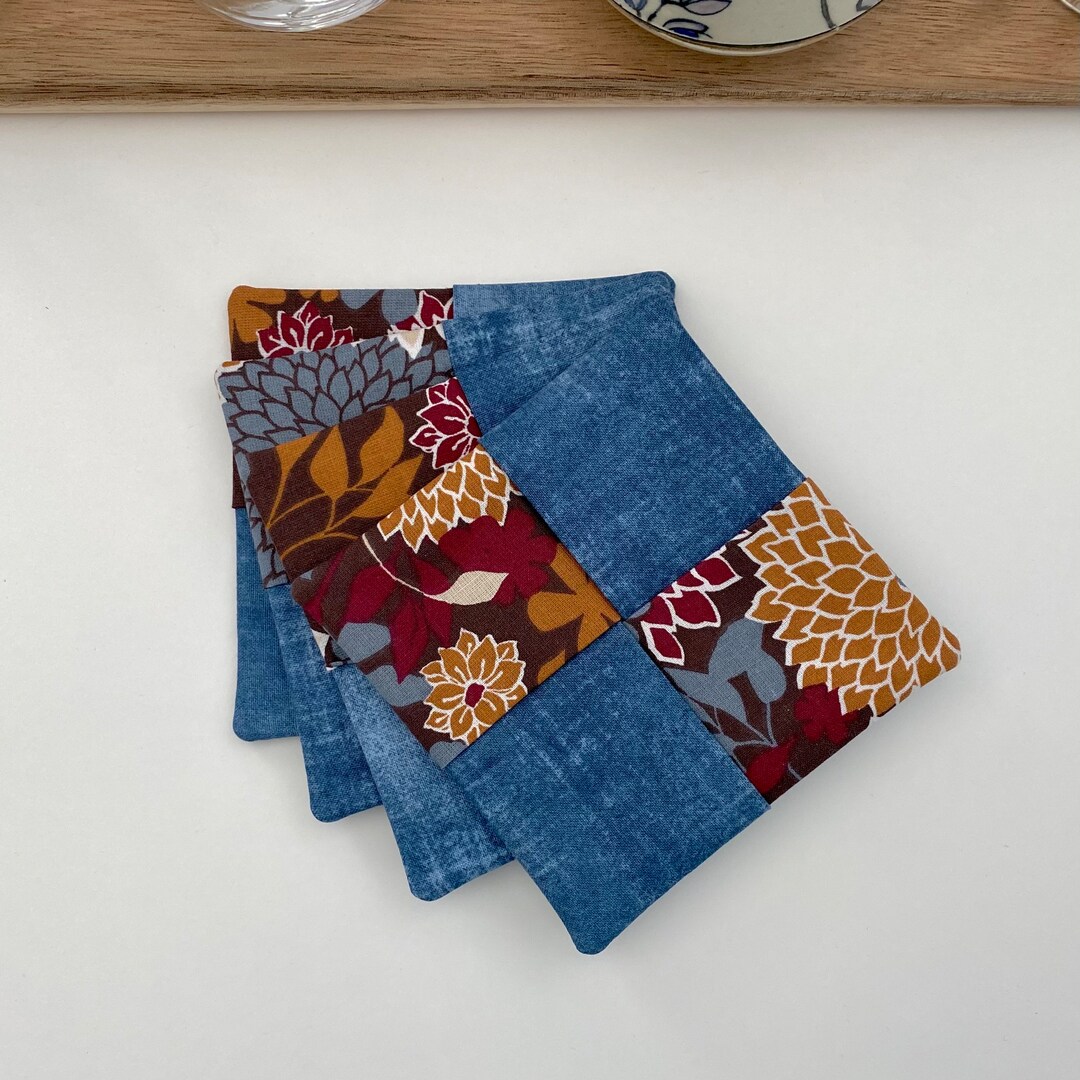 Cotton Coasters Set of 4: Faux Denim & Mums With Wine Glass Pocket - Etsy