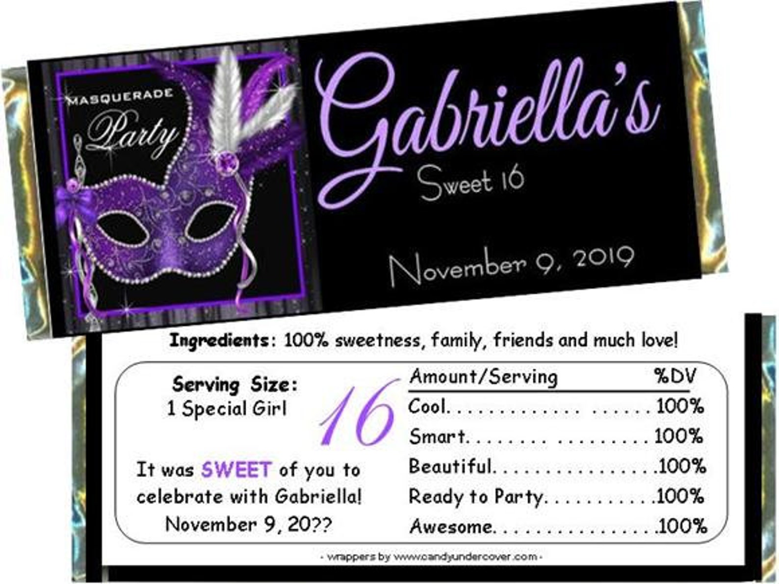 Masquerade Sweet 16 Party Favors - Candy Bar Wrapper Favors - Any COLOR ...