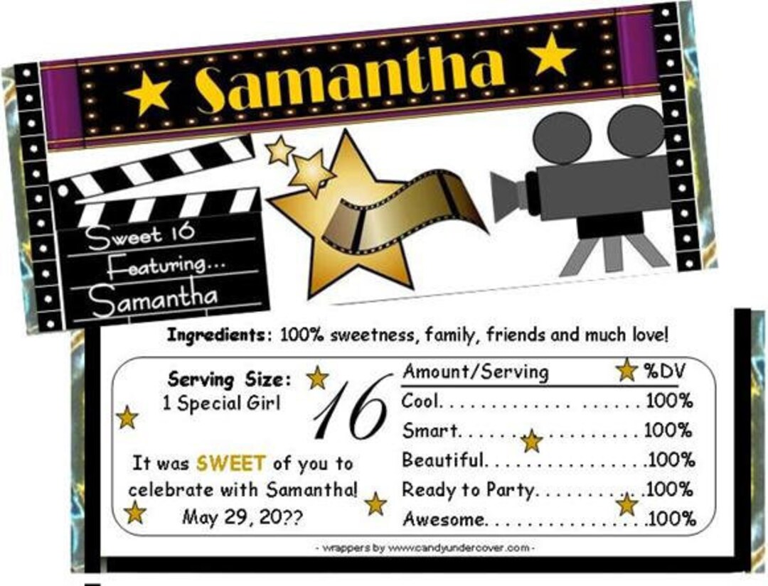 Hollywood Theme Candy Bar Wrappers set of 18 Sweet 16 Chocolate Favors ...