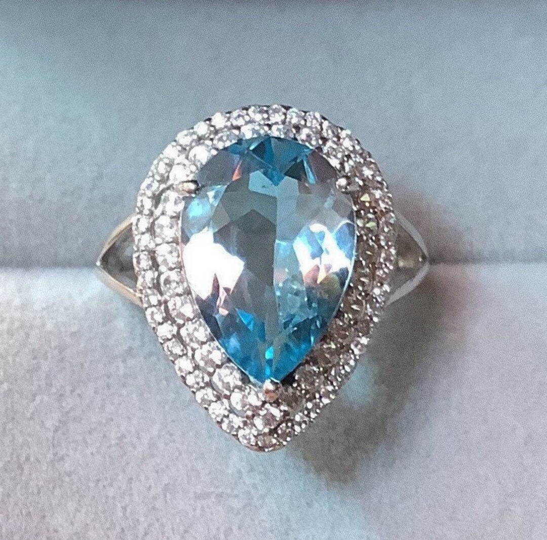 Topaz Pear Halo Ring Big Natural Blue Topaz in a Pear Halo Big - Etsy