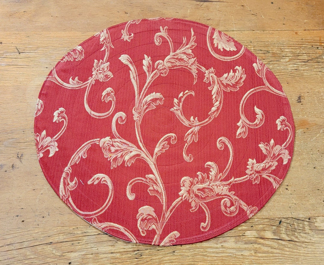 Round Quilted Table Runner Centerpiece Tabletop Mat Red Gold Scroll ...