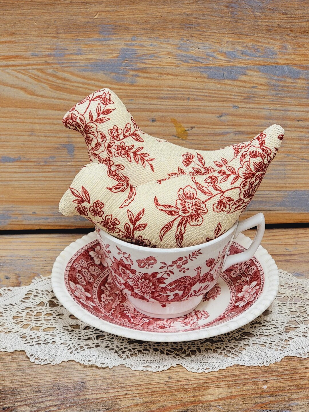 Handmade Stuffed Fabric Bird Ornament Red White Linen Bowl Filler or ...