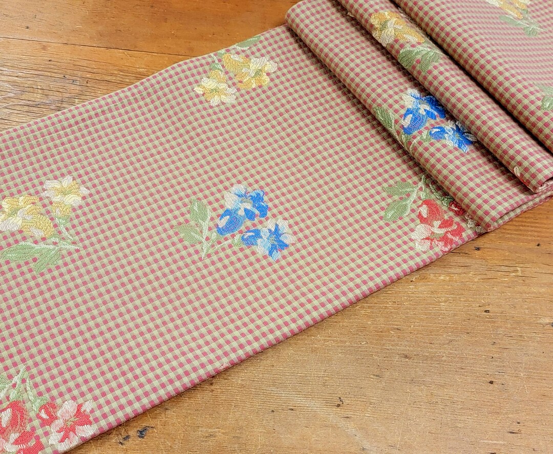 Narrow Table Runner Pink Sage Green Yellow Blue Embroidered Flowers ...