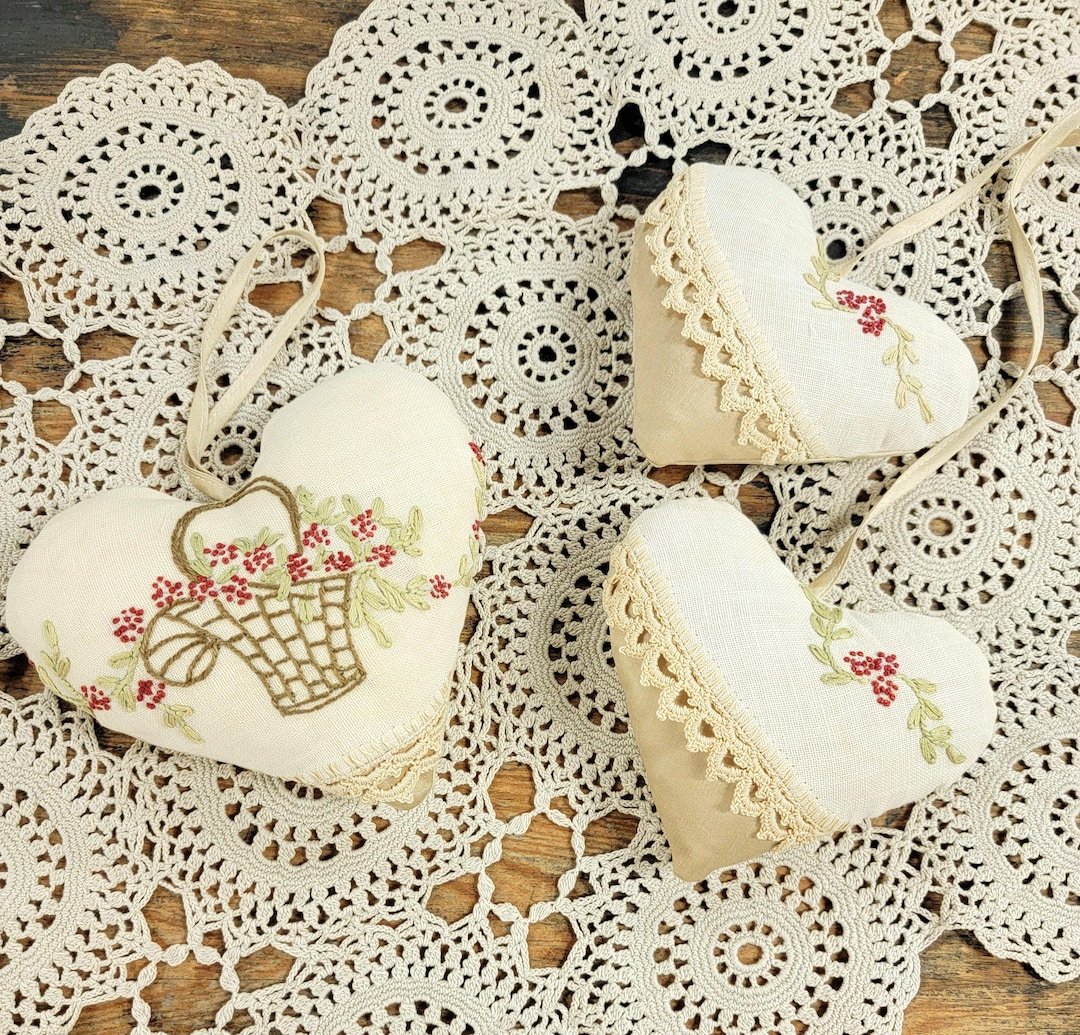 Fabric Stuffed Hanging Heart Ornaments Silk and Vintage Embroidered ...