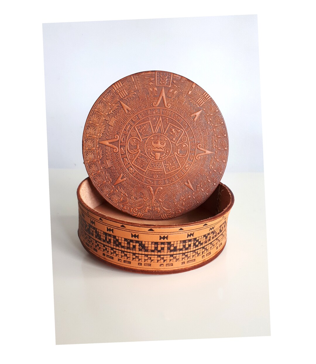 AZTEC Calendar Handcrafted Tooled Genuine Leather Trinket Box Diameter ...
