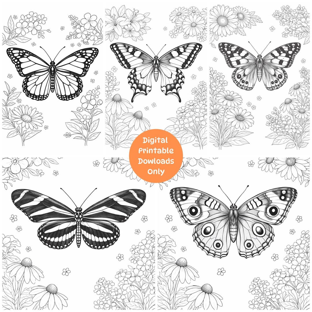 15 Butterfly Coloring Pages for Adults and Kids, Floral Butterfly ...
