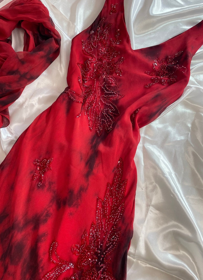 Ruby Red Party Dress, Tie Dye Red and Black Evening Gown, Beaded ...