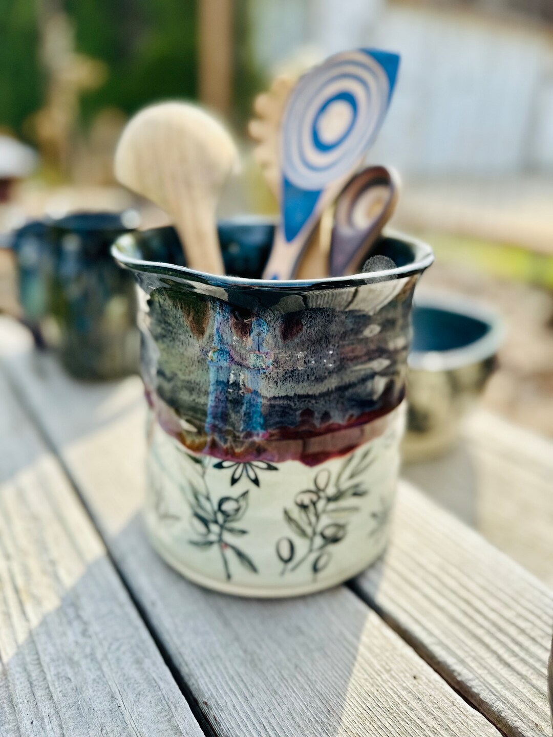 Olive Branch Water Colored Ceramic Kitchen Utensil Holder / Wine ...