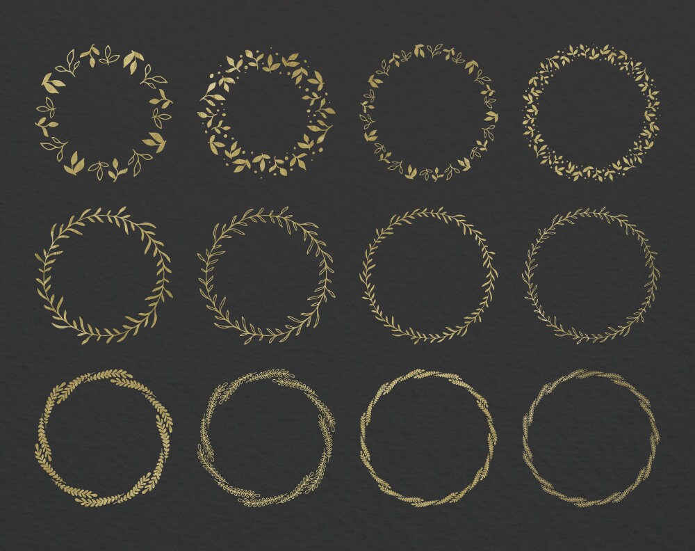 Gold Floral Wreath Clip Art Hand Drawn Decorative Round - Etsy
