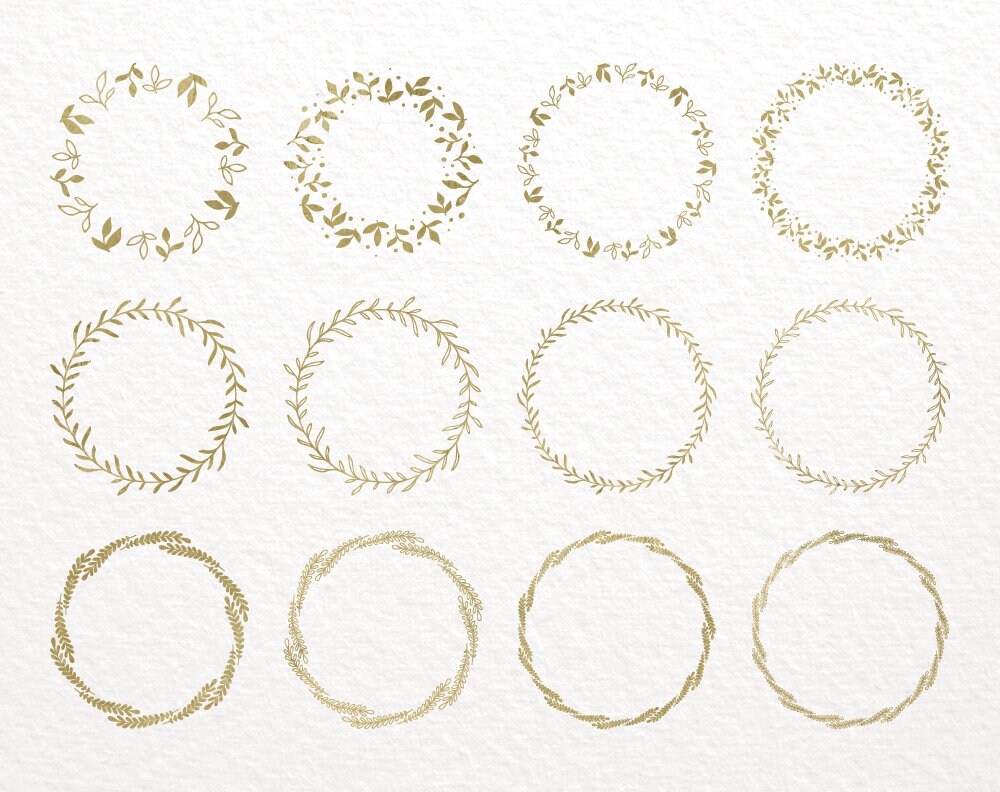 Gold Floral Wreath Clip Art Hand Drawn Decorative Round - Etsy