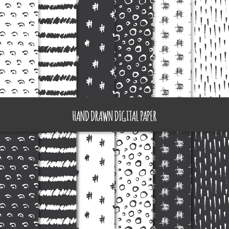 Hand Drawn Digital Paper: Geometric, Abstract Brush Doodles; Seamless ...