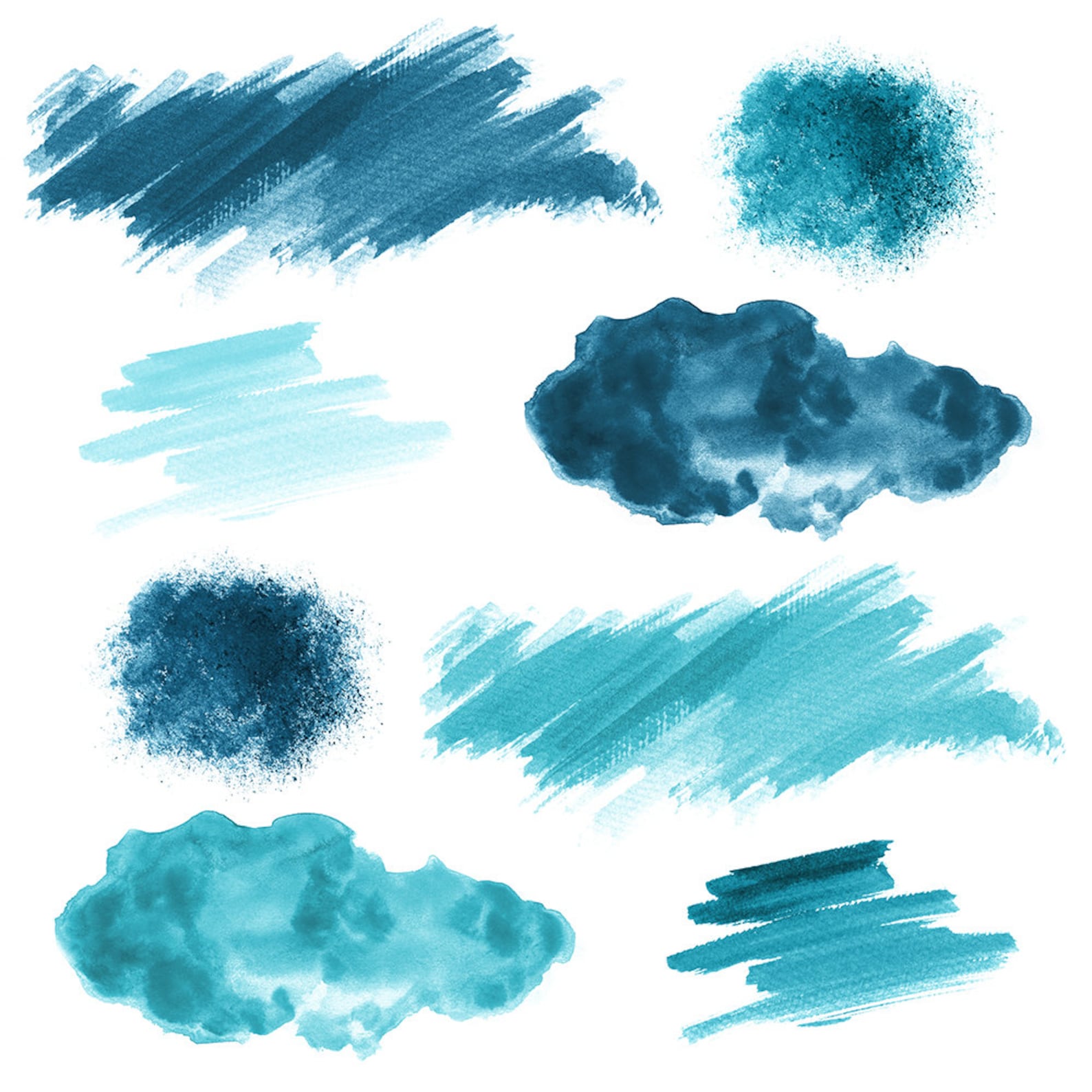 16 Blue Watercolor Splotches, Splatters and Brush Strokes; Blue ...