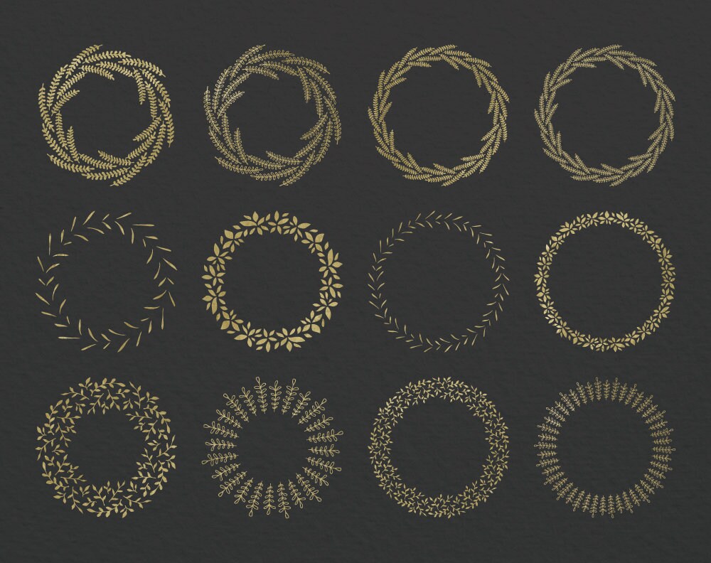 Gold Floral Wreath Clip Art, Hand Drawn Decorative Round Frames ...