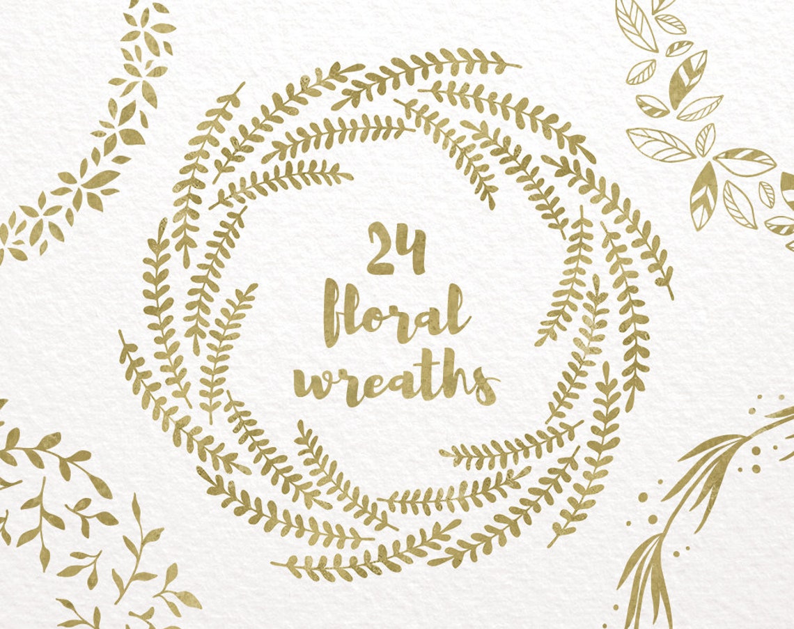 Gold Floral Wreath Clip Art, Hand Drawn Decorative Round Frames ...
