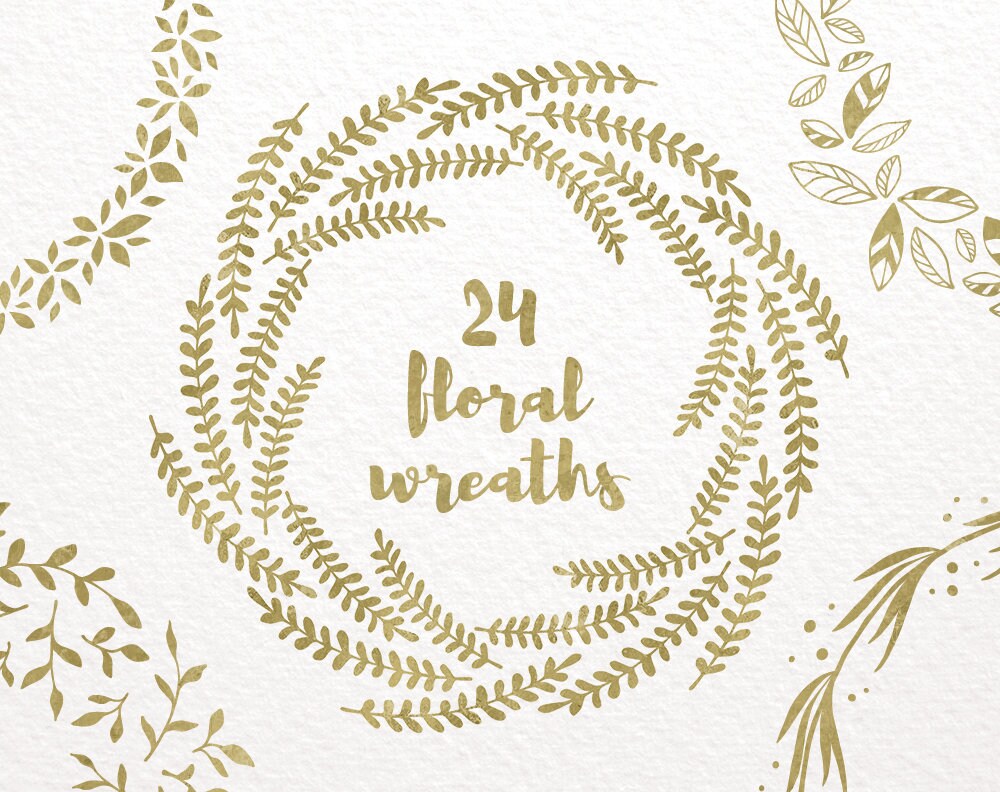 Gold Floral Wreath Clip Art, Hand Drawn Decorative Round Frames ...