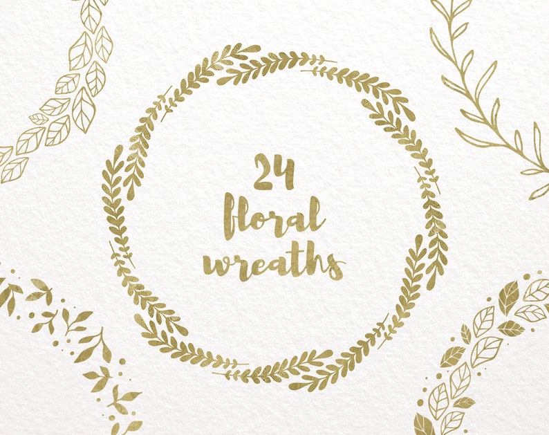 Gold Floral Wreath Clip Art, Hand Drawn Decorative Round Frames ...