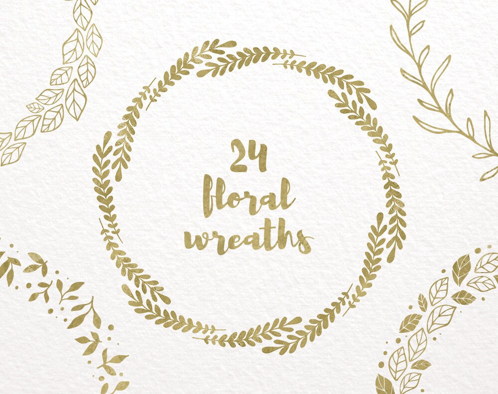 Gold Floral Wreath Clip Art, Hand Drawn Decorative Round Frames ...