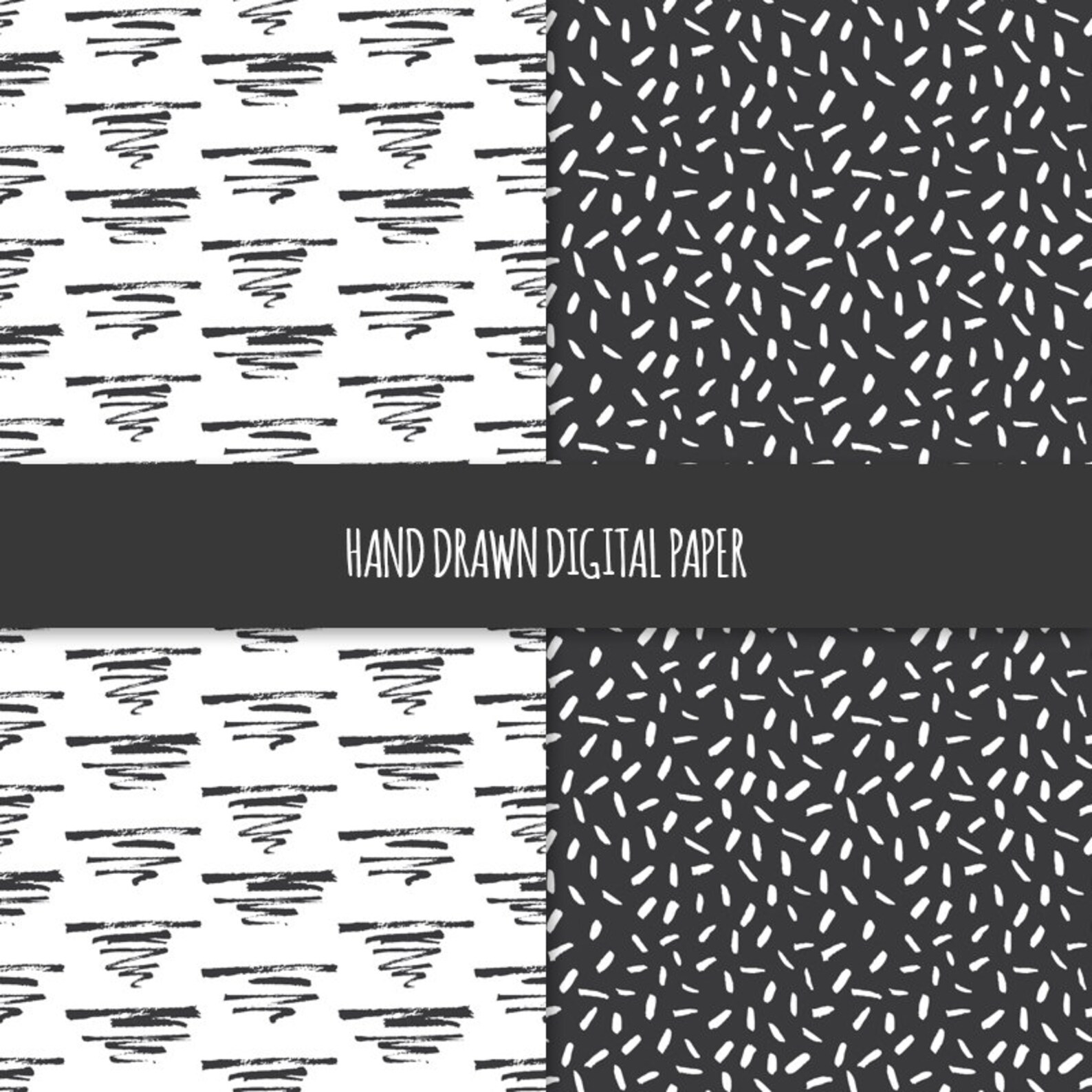 Hand Drawn Digital Paper: Geometric, Abstract Brush Doodles; Seamless ...