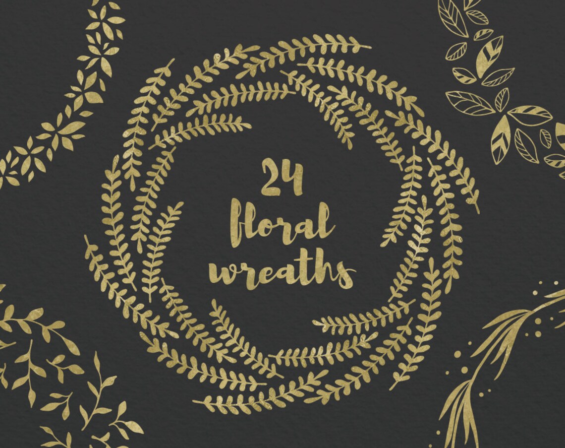 Gold Floral Wreath Clip Art, Hand Drawn Decorative Round Frames ...