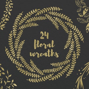 Gold Floral Wreath Clip Art, Hand Drawn Decorative Round Frames ...