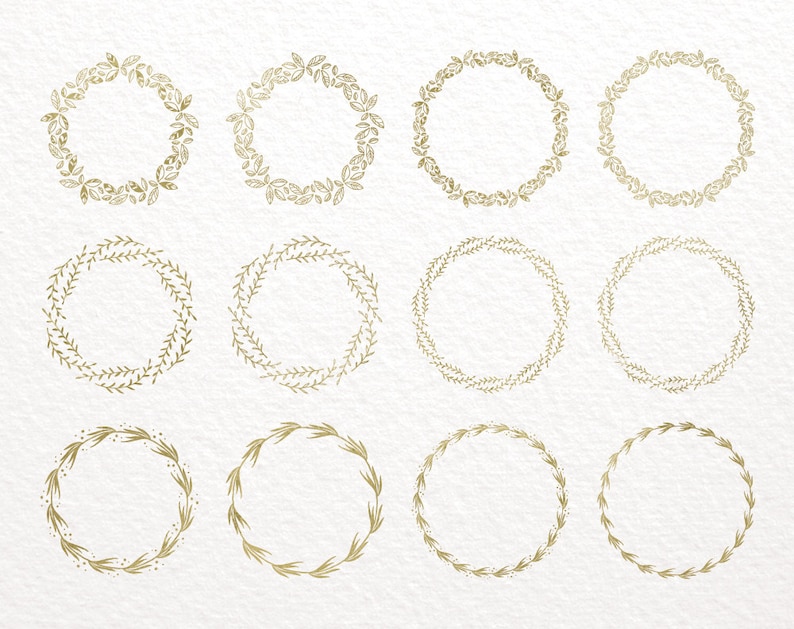 Gold Floral Wreath Clip Art, Hand Drawn Decorative Round Frames ...