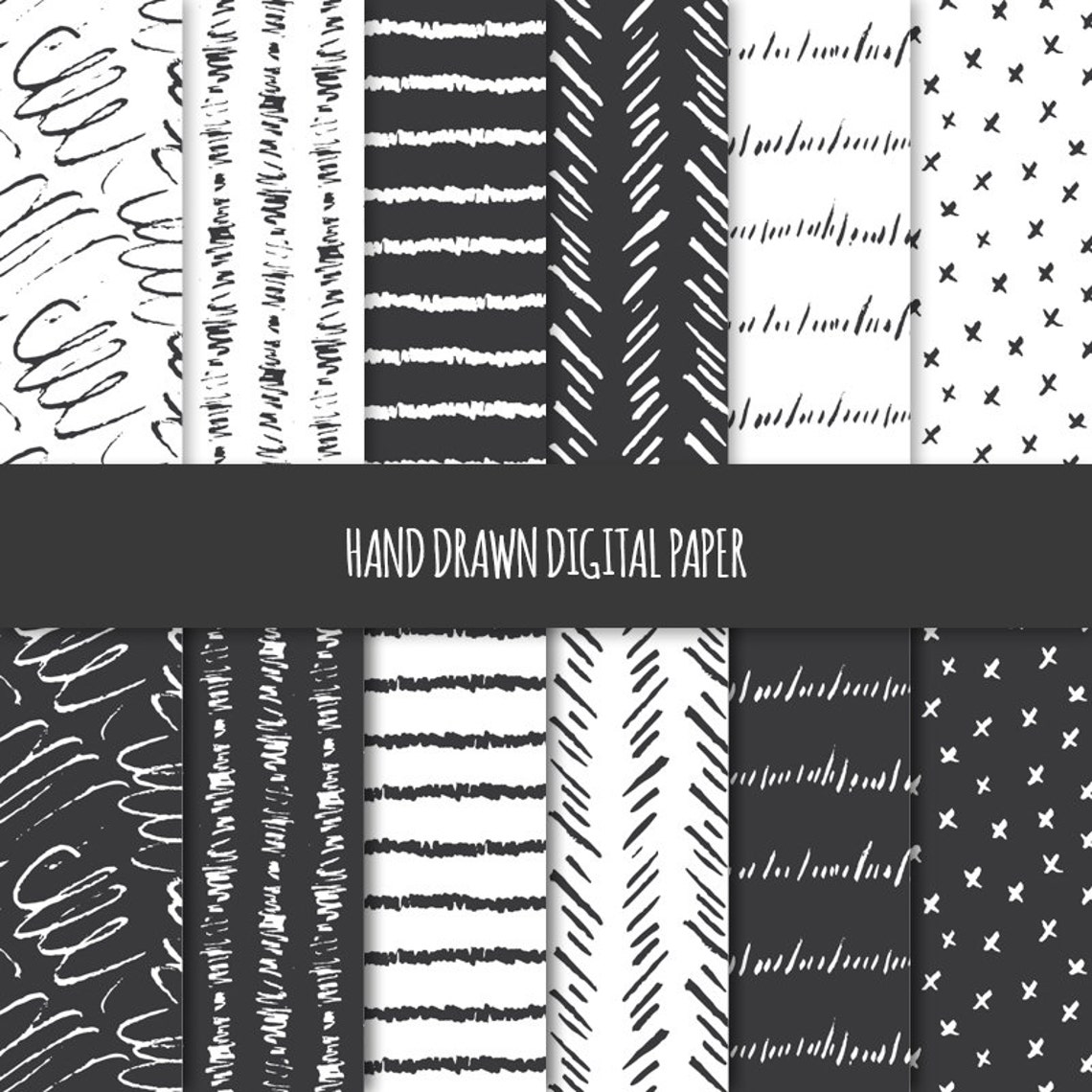 Hand Drawn Geometric Digital Paper: Abstract Brush Strokes (digital ...