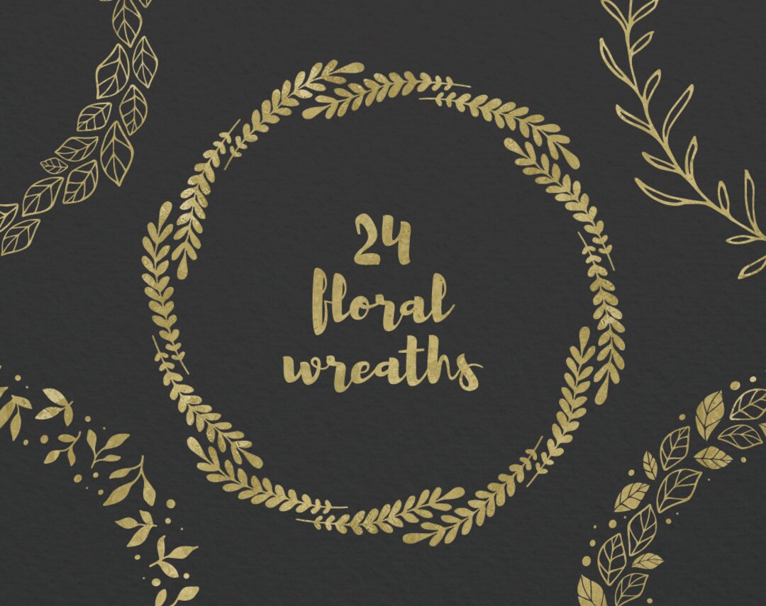 Gold Floral Wreath Clip Art, Hand Drawn Decorative Round Frames ...