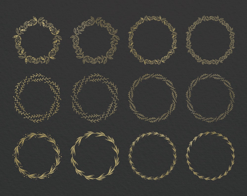 Gold Floral Wreath Clip Art, Hand Drawn Decorative Round Frames ...