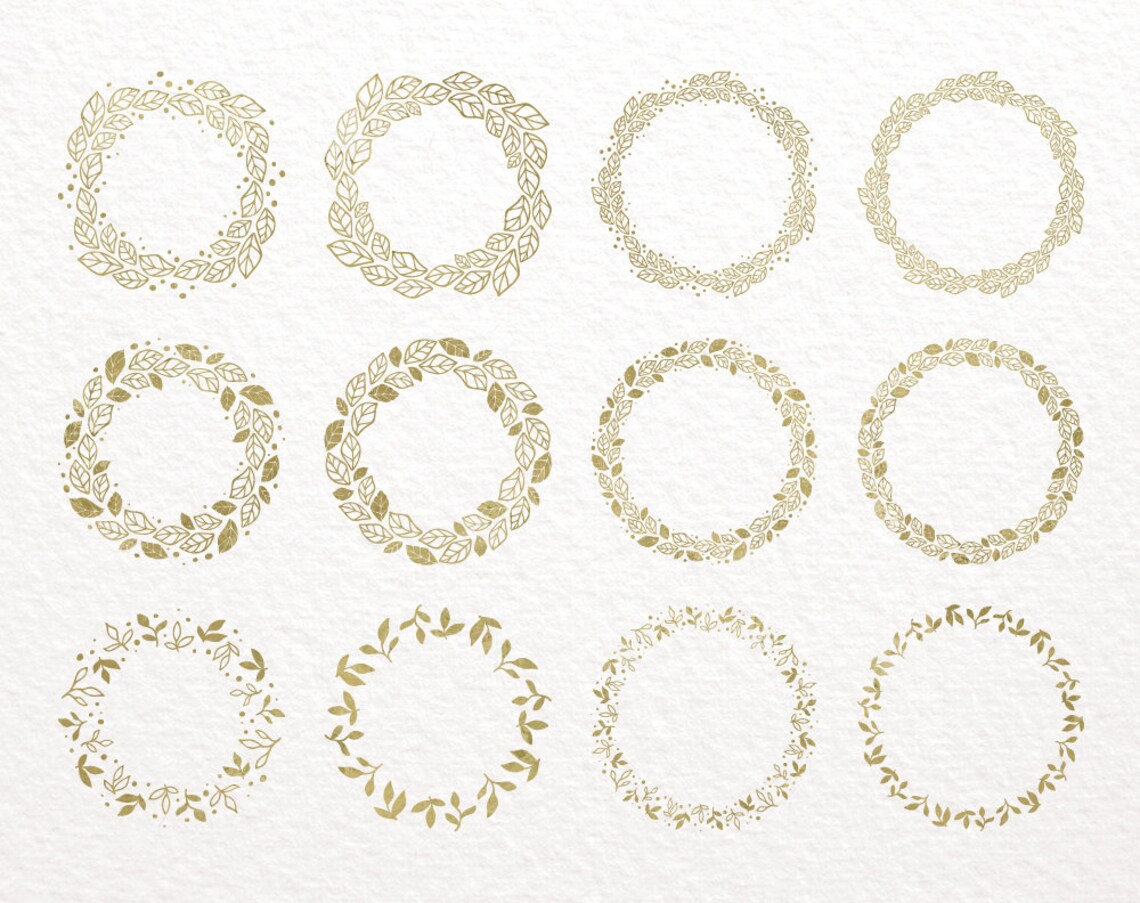 Gold Floral Wreath Clip Art, Hand Drawn Decorative Round Frames ...