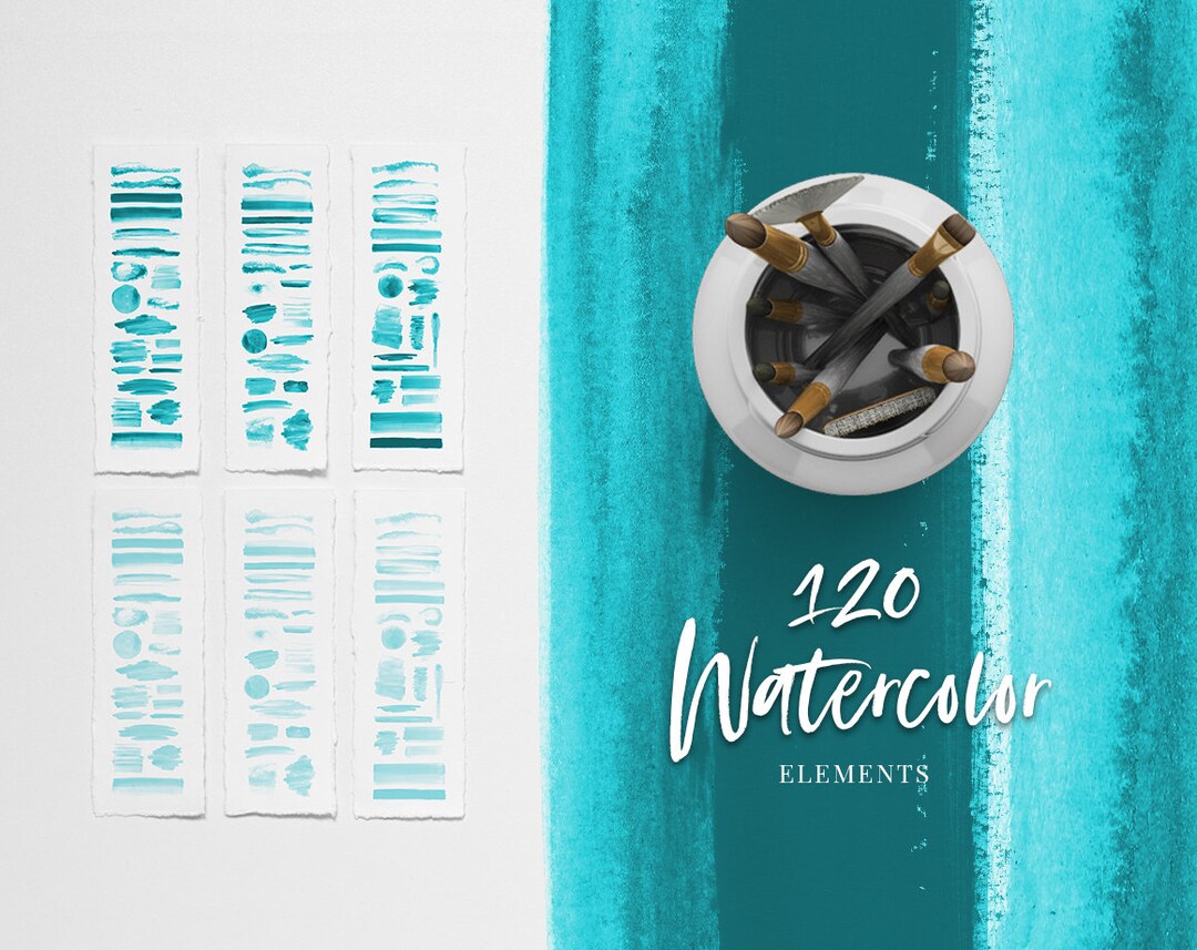 120 Turquoise Watercolor Splotches, Splatters, Brush Strokes; Light ...