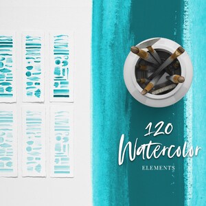 120 Turquoise Watercolor Splotches, Splatters, Brush Strokes; Light ...