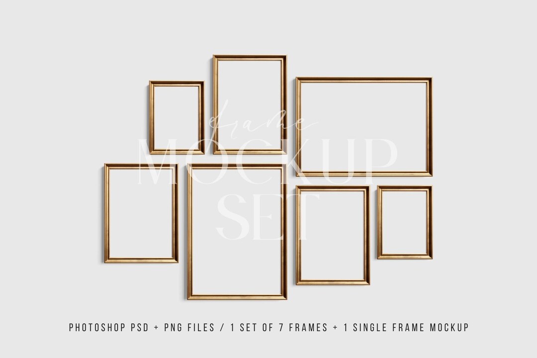 Vintage Gallery Wall Mockup: 7 Metallic Gold Vertical & Horizontal ...