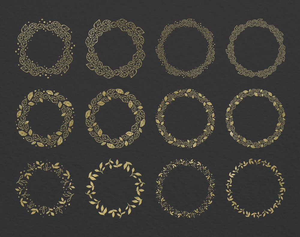 Gold Floral Wreath Clip Art, Hand Drawn Decorative Round Frames ...