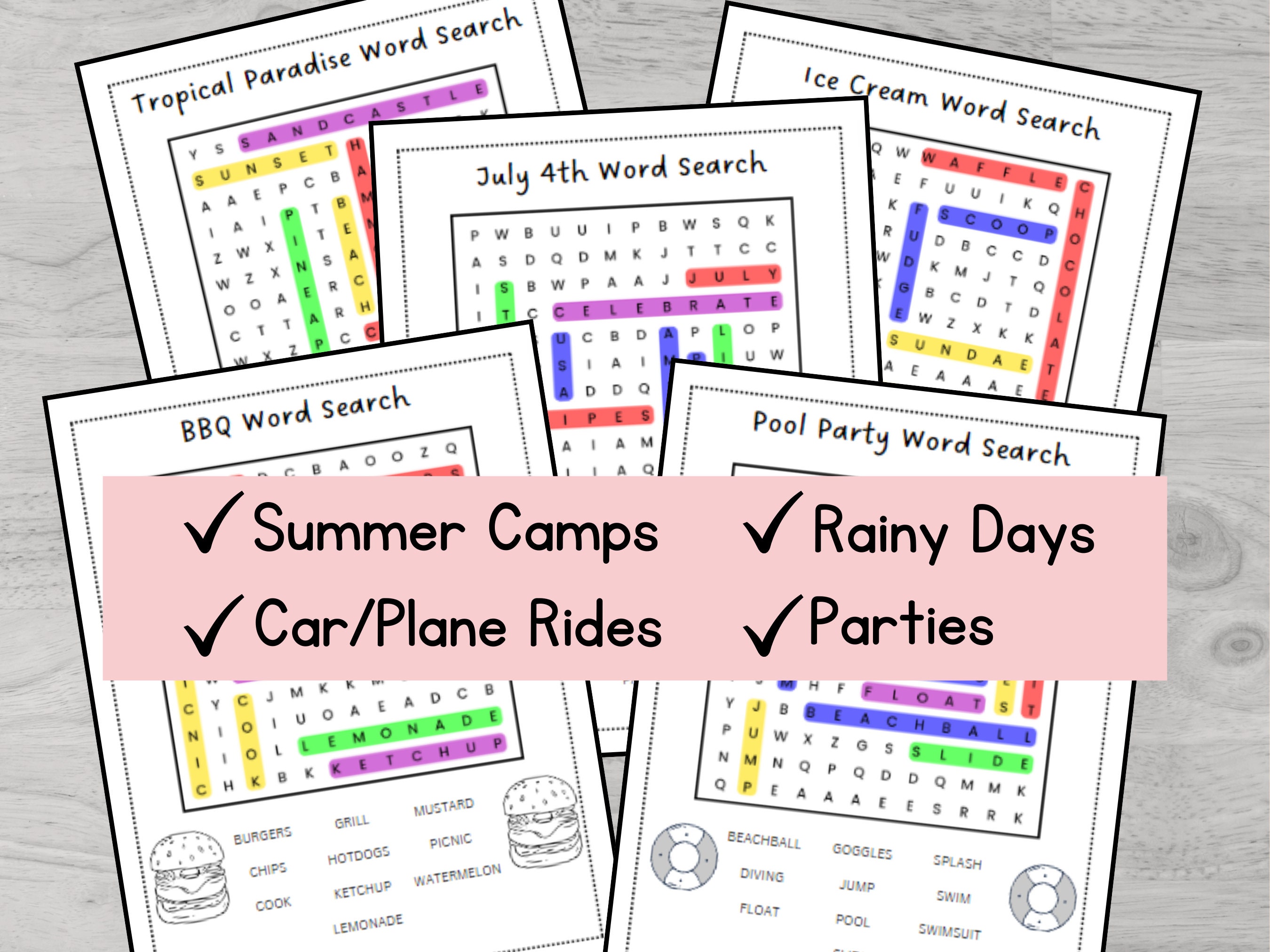 Printable Kids Summer Word Search Pack for Family Reunions and Road ...