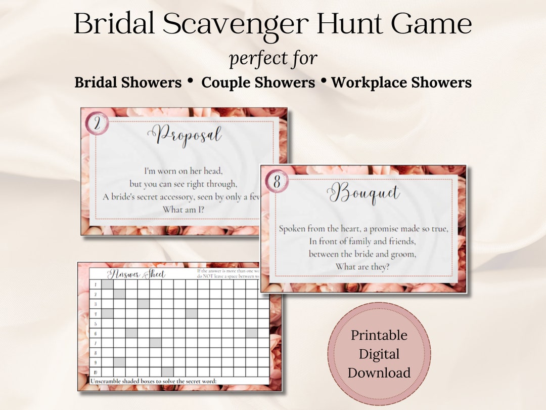 Bridal Shower Game: Printable Bridal Shower Scavenger Hunt With Riddles ...