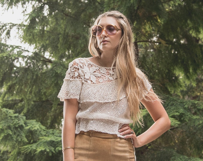 Vintage 70's Crochet Top, Boho Mesh Floral Cut Out Sheer Top, Tie Waist ...