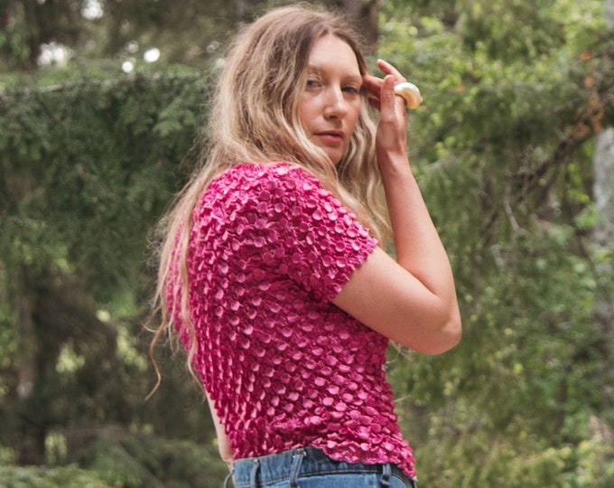 Hot Pink Crinkle Plisse Pleated Popcorn Stretch Blouse 1990s 90s Y2K ...
