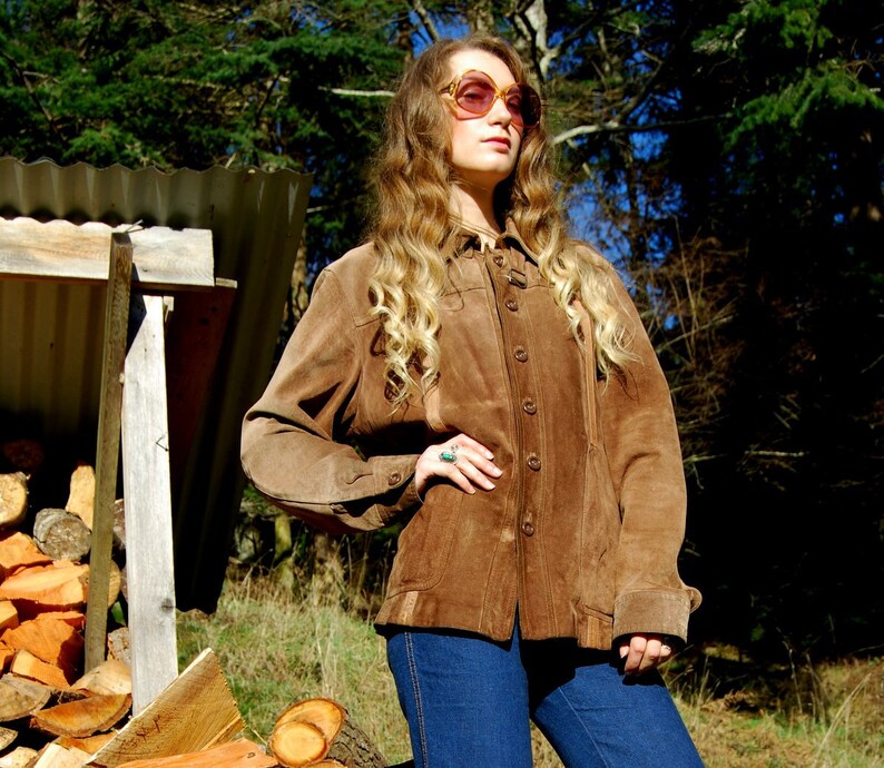 60s 70s Brown Suede Jacket - Hippie Boho Mod Mens 46 Tan Suede Leather ...