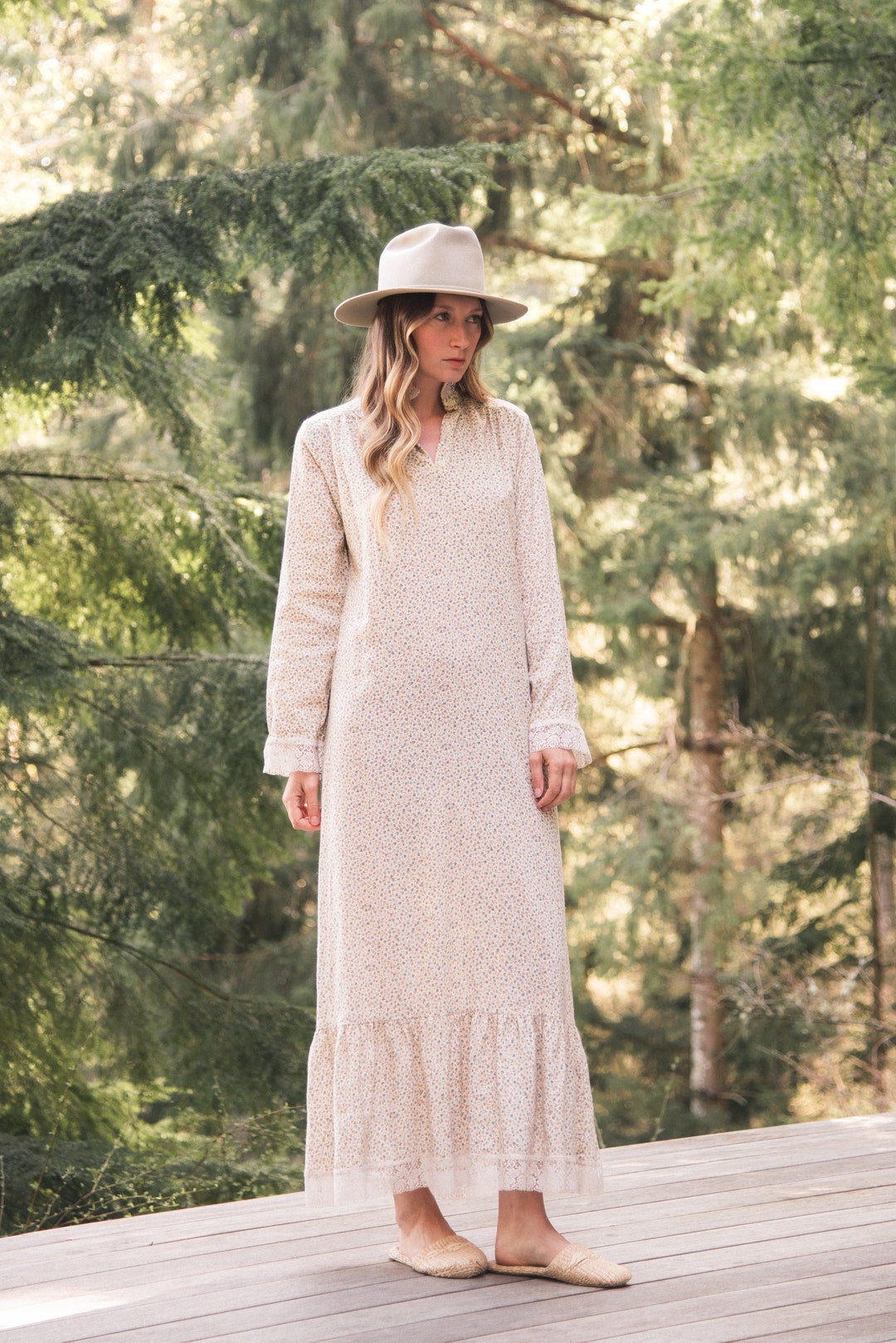 Vintage Floral Flannel Nightgown / Calico Lace +prairie Dress / Viyella ...