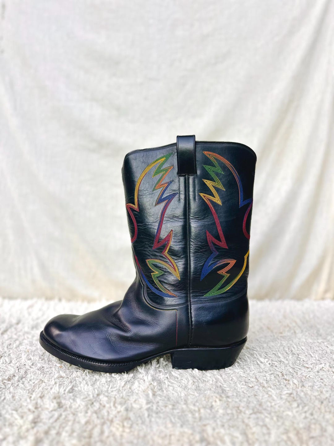 Handmade Michael Anthony Cowboy Boots, Black Leather Rainbow Stitching ...