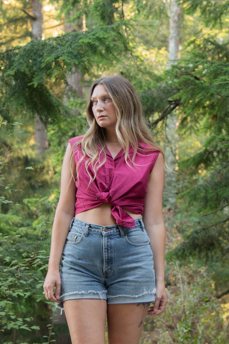 90s Clio Silk Blouse, Pink Purple Pinstripe Plaid Collared Tank Top ...