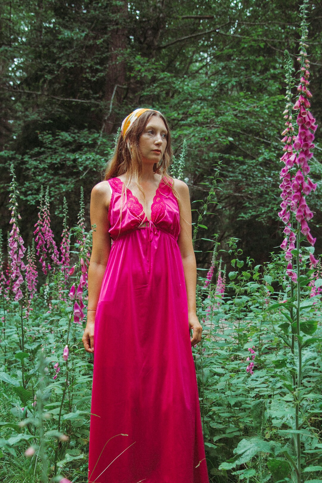 80s Fuschia Lace Slip Dress | Deep V Vintage Nightgown Loungewear Maxi ...