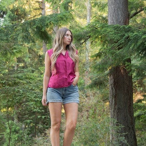 90s Clio Silk Blouse, Pink Purple Pinstripe Plaid Collared Tank Top ...